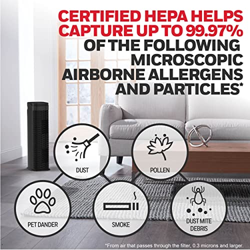 Honeywell AllergenPlus Series Compact HEPA Air Purifier Tower, Allergen Reducer for Large Rooms (200 sq ft), Black - Wildfire/Smoke, Pollen, Pollen, Pet Dander & Dust Air Purifier, HPA175