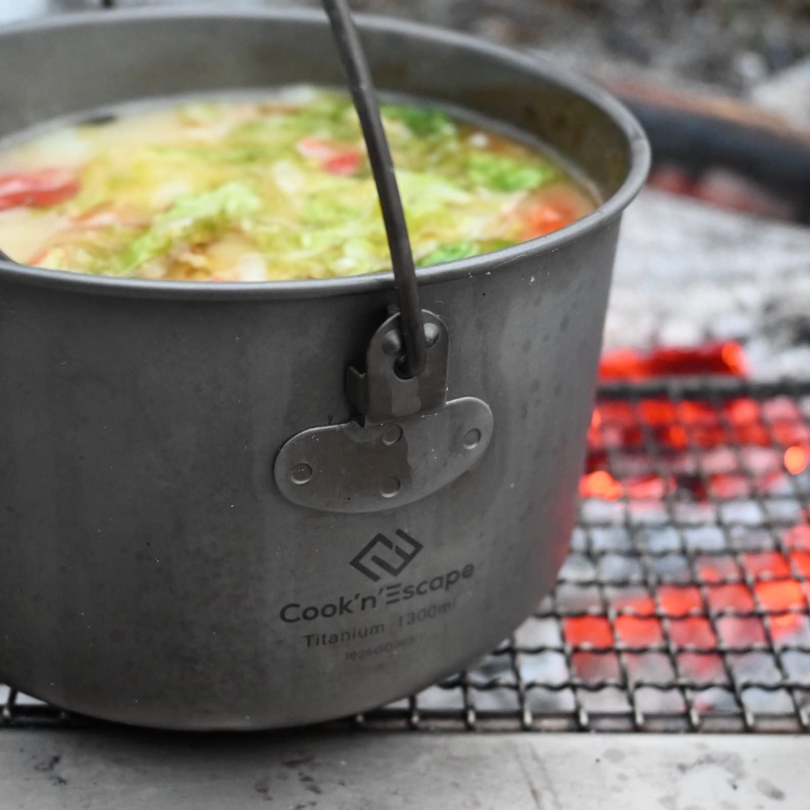 COOK'N'ESCAPE 1950ml Titanium Hanging Pot Camping Cooking Pot, 2 in 1 Ultralight Cookware Pot and Pan Set with Folding Handle for Outdoor Cookset Open Over Fire Hiking Backpacking