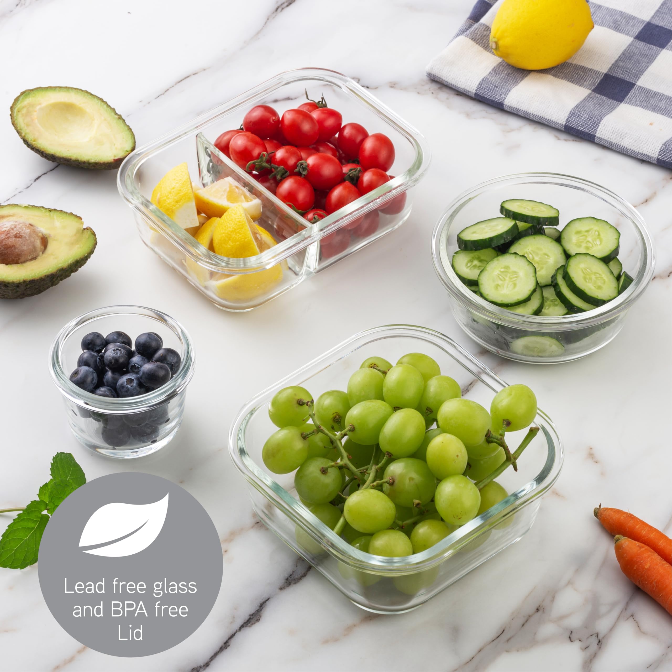 COOK WITH COLOR Premium 32-Pc. Borosilicate Glass Food Container Set with Dividers - 4 Rectangles, 8 Rounds, 4 Squares - Leakproof Lids - Meal Prep, Storage