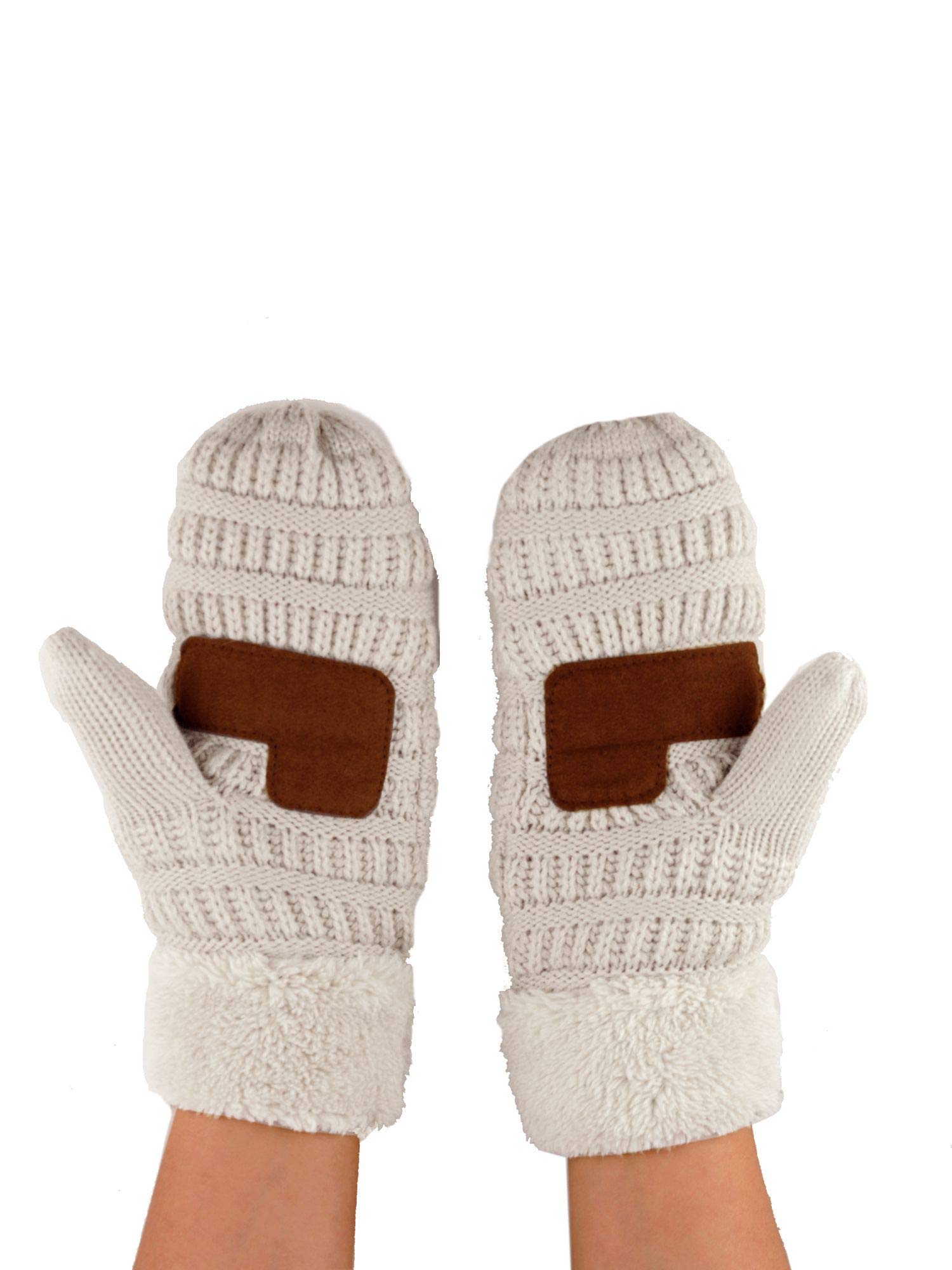 C.C Unisex Winter Warm Inner Fuzzy Lined Anti-Slip Cuff Mittens, Ivory