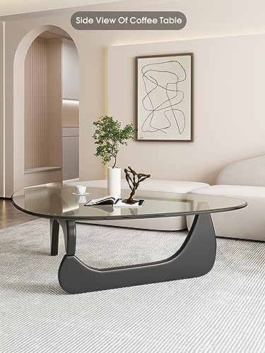 Mid-Century Modern End Table with Solid Wood Base Triangle Glass Coffee Table Vintage Tempered Glass Center Table for Living Room Balcony Accent Table Raw Wood/Transparent Medium 35.8 * 25.5 * 16in