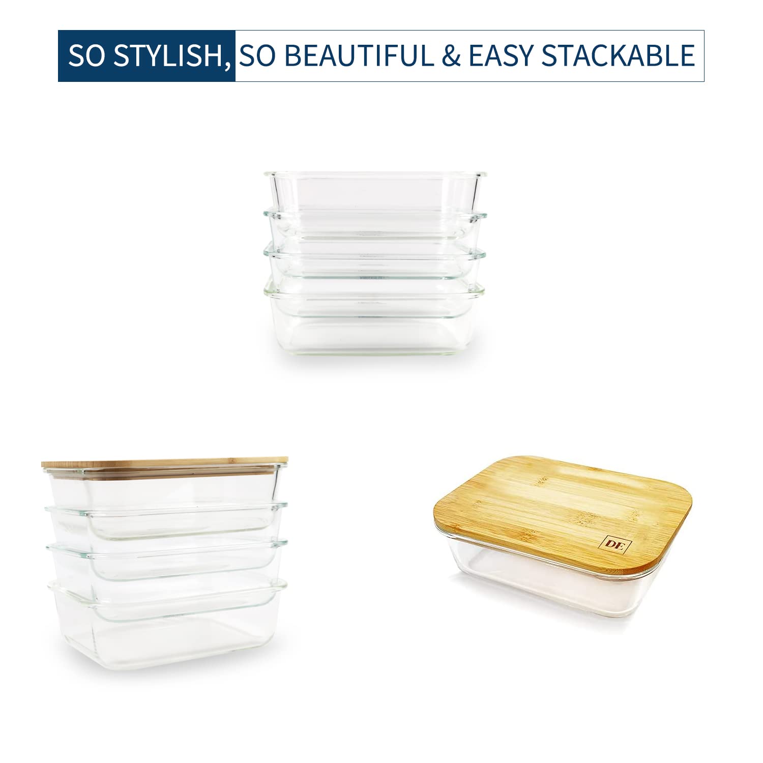 DE Glass Food Storage Containers with Bamboo Lids (4 Pack, 36 Ounce) Eco Friendly Meal Prep Containers Reusable β Airtight, Plastic Free, BPA Free