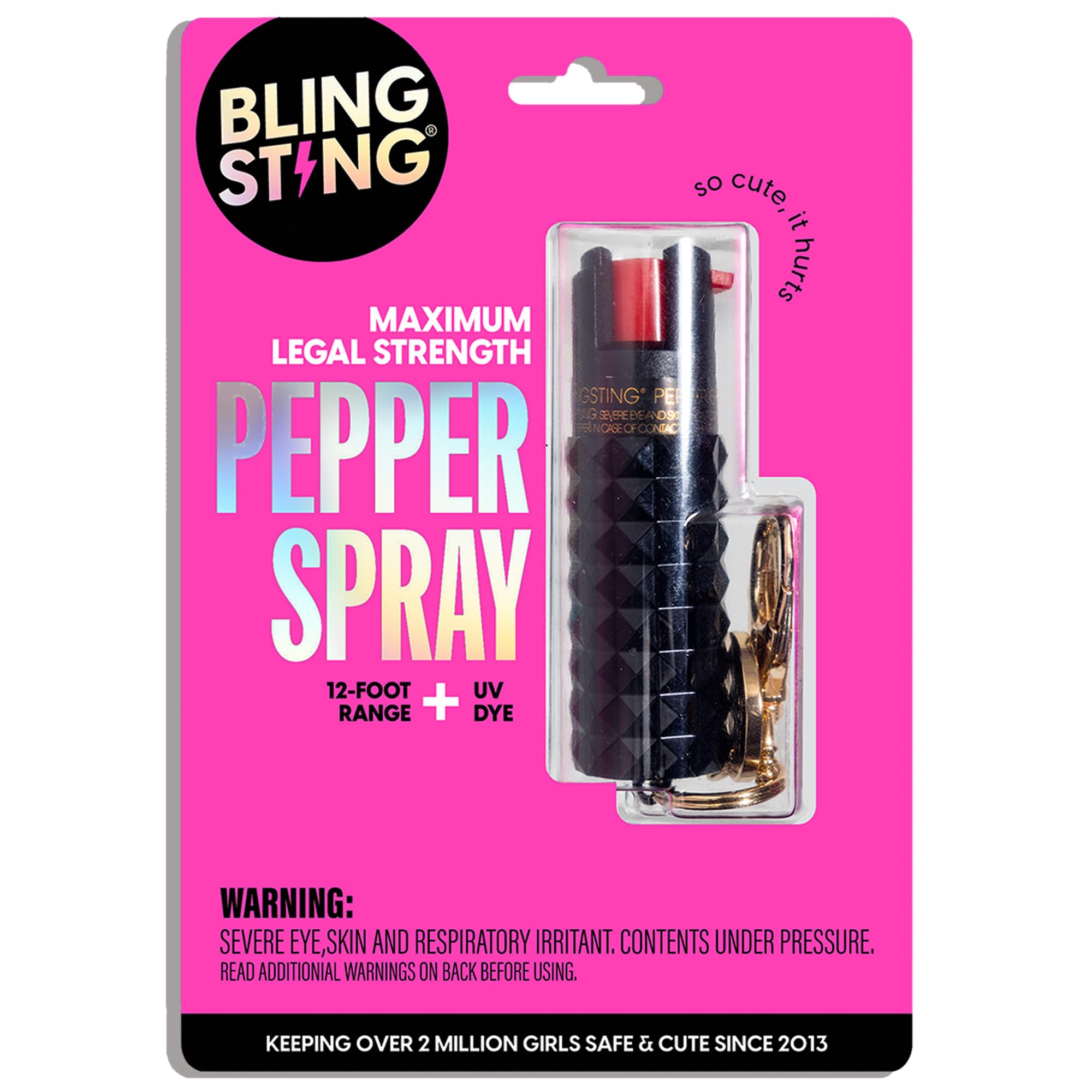 BLINGSTING Pepper Spray Maximum OC Strength Self Defense Spray for Women, 12 ft Spray Range & UV Dye - Studded