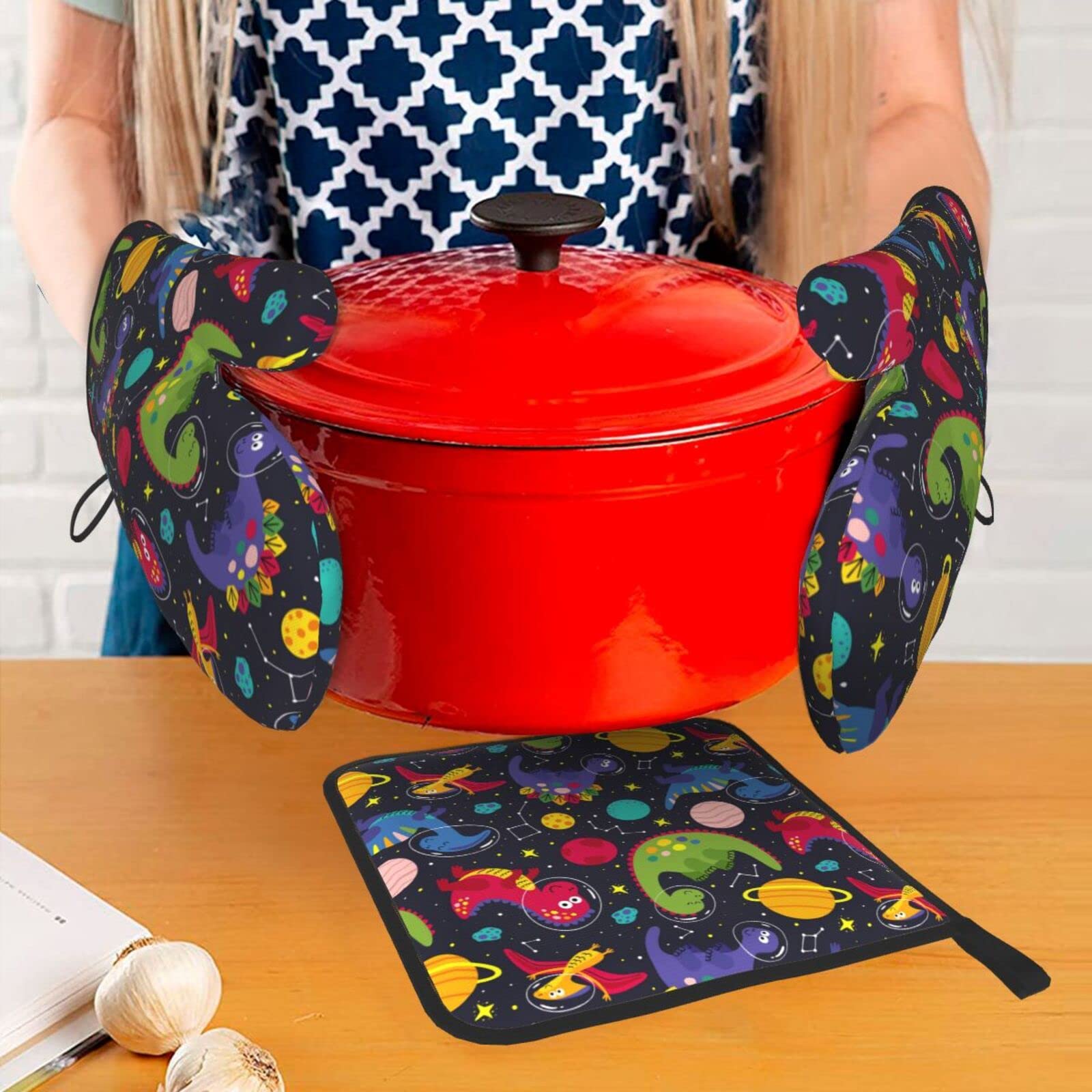 Cute Dinosaur in Space Oven Mitts and Pot Holders Heat Resistant Anti Scald for Kitchen Cooking Baking Grilling Sets of 3