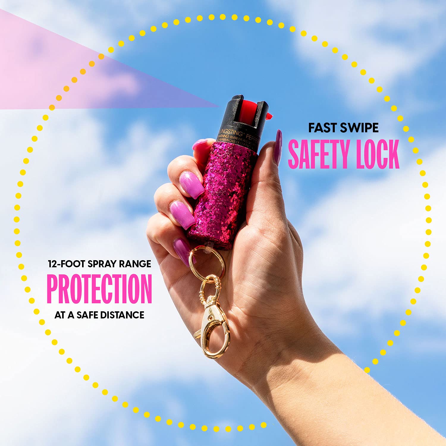 BLINGSTING Pepper Spray for Women - Maximum Strength OC Self Defense Spray - 12 ft Range - UV Marking Dye for Police ID - Swipe Safety Lock - Glitter
