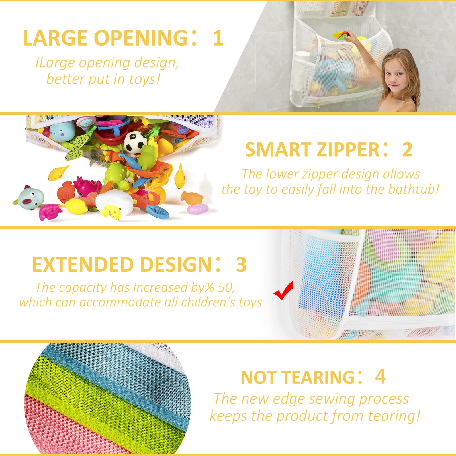 Ligereza Baby Mesh Bath Toy Organizer,Multiple Ways to Hang, Ultra Large Capacity & Large Opening, Bathroom Toy Holder, Bath Toy Storage Bag With 5 Side Pockets (Large White)