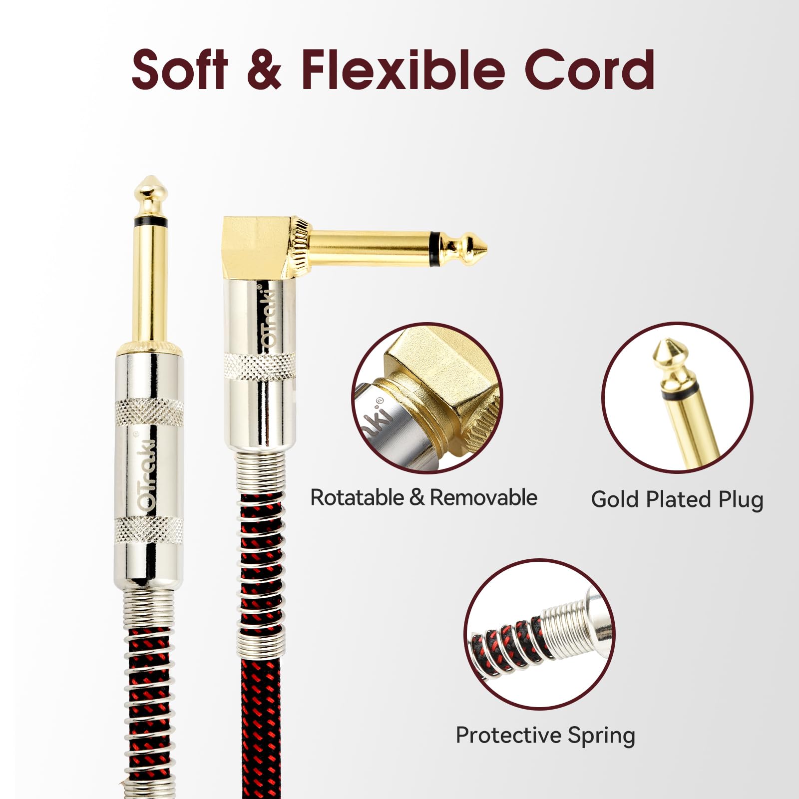 OTraki 3FT Guitar Cables 2 Pack Electric Guitar Chord 1/4 Inch Straight to Right Angle 6.35mm Gold Plated TS Plug Nylon Connect Guitar Instrument Cable for Guitar Bass Drum Audio Device 1M