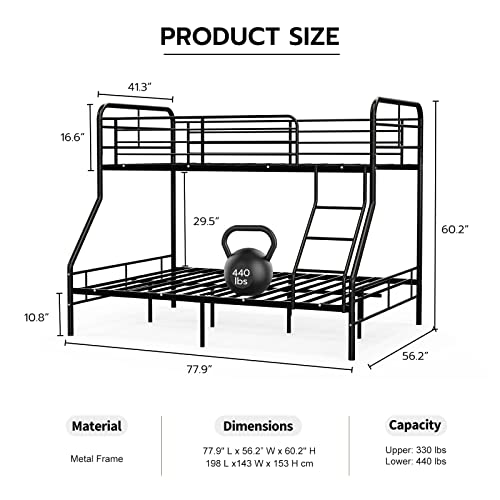 IKIFLY Metal Twin Over Full Bunk Bed, Heavy Duty Bunk Bed Frame with Safety Guard Rail & Ladder, Space-Saving Design/Noise Free/for Kids, Teens & Adults/No Box Spring Needed - Black