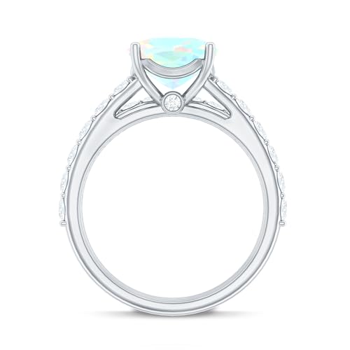 Certified Opal Wedding Ring Set, AAA Quality, Natural 8mm Cushion Cut Opal Engagement Ring with Moissanite Enhancer, 14K White Gold, Size:US 10.00