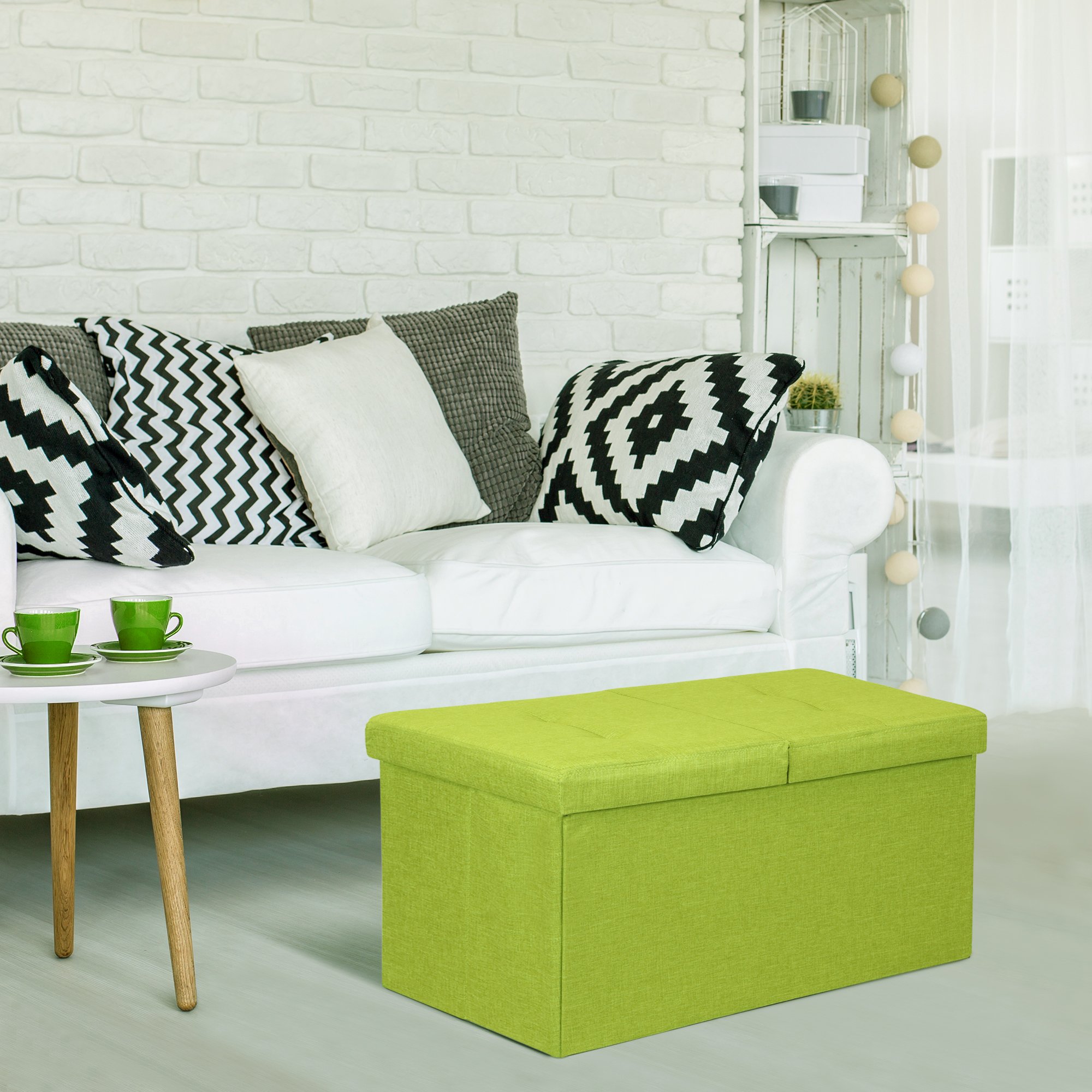 Otto & Ben Folding Box Chest with Smart Lift Top Upholstered Tufted Ottomans Bench Foot Rest for Bedroom and Living Room, 30", Lime Green