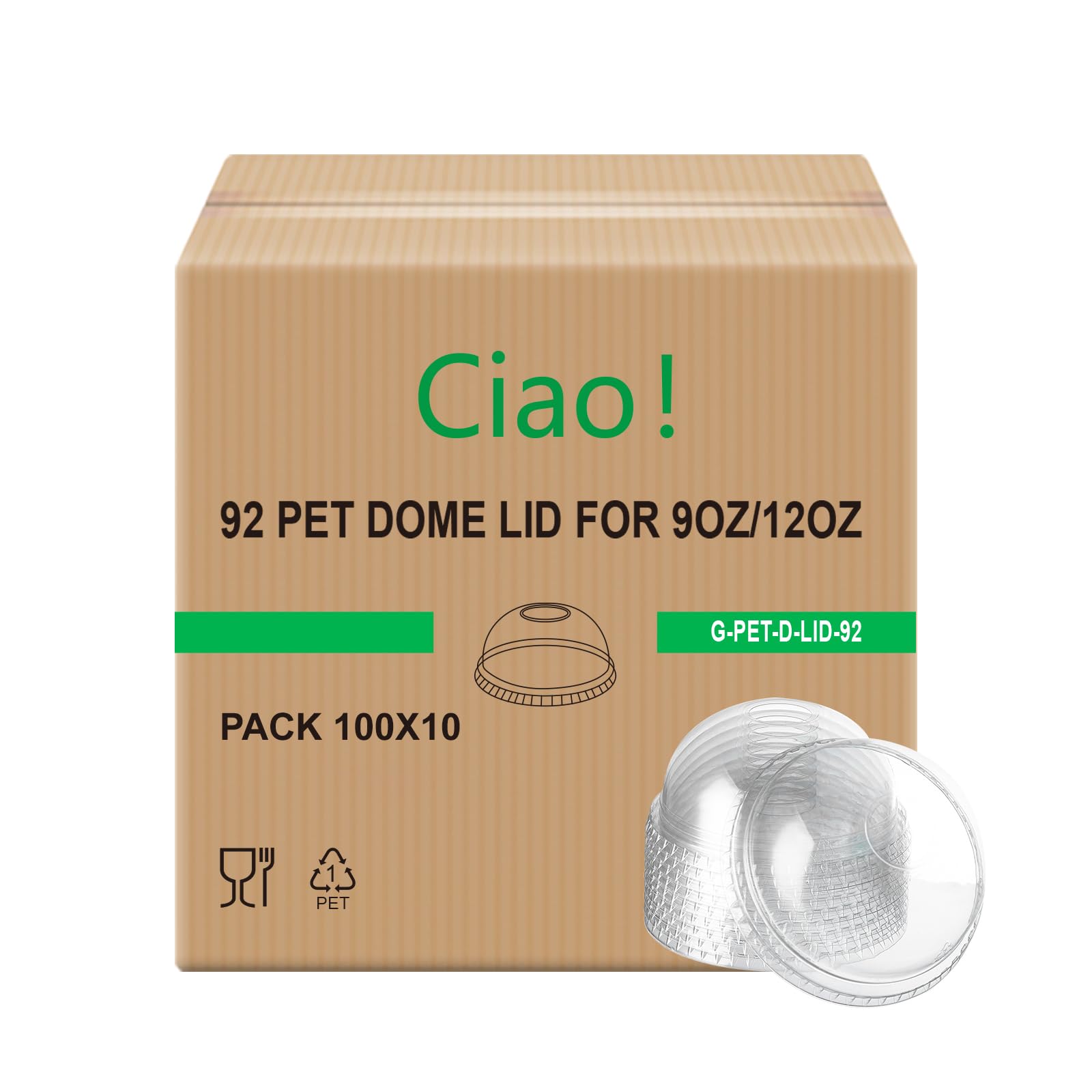 CIAO! PET Dome Lid with Straw Hole, Designed and Fit for 9OZ/12OZ CIAO! Brand PET Cold Drink Cups Only, 92mm (Case of 1,000)
