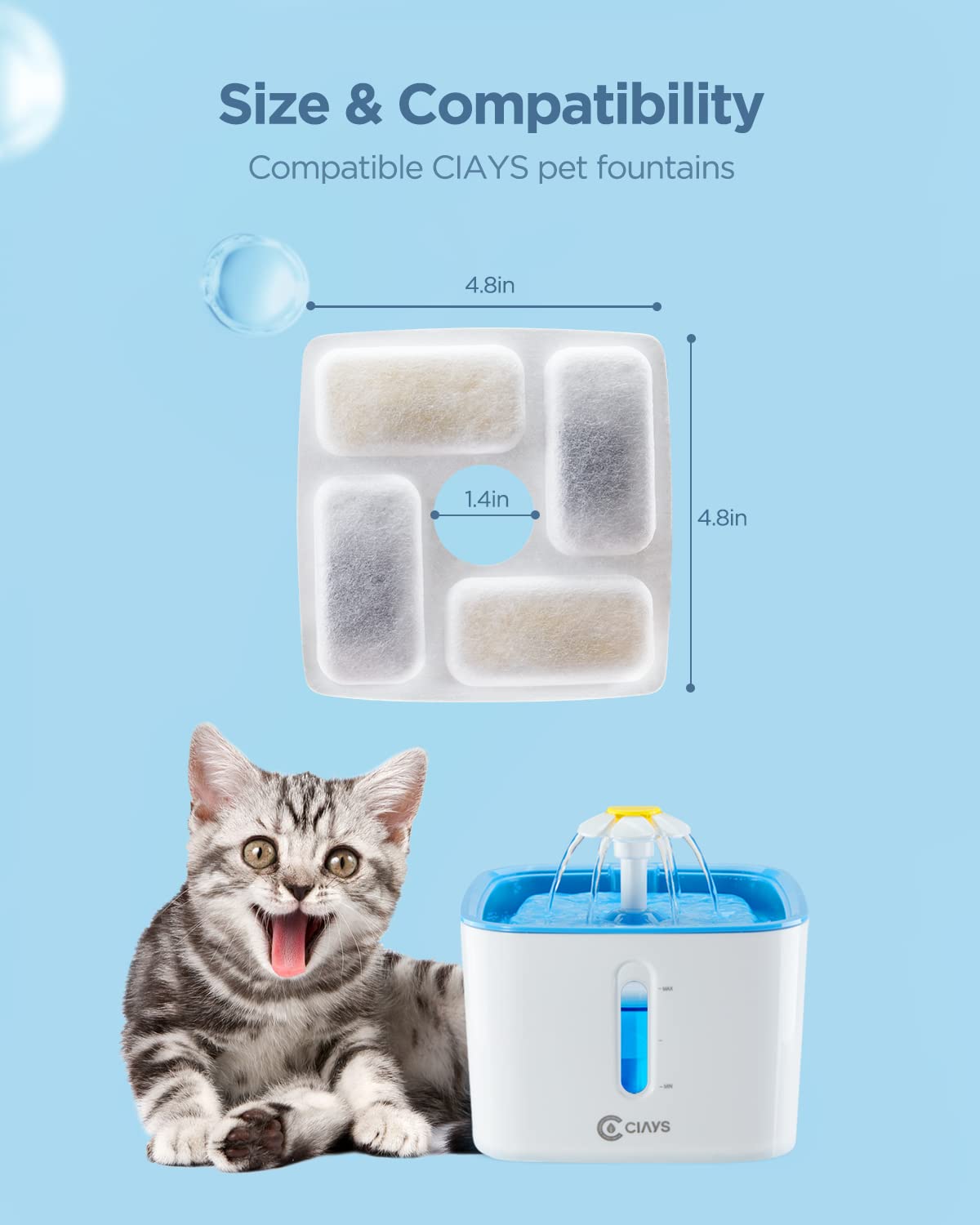 Ciays Cat Water Fountain Replacement Filter for 84oz/2.5L Automatic Pet Water Fountain Cat Fountain Dog Water Dispenser, 4 Pcs, White