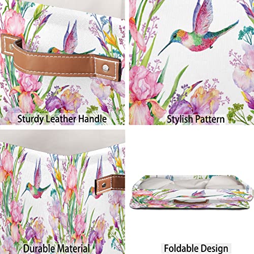 DJYQBFA Storage Basket Hummingbird Flowers Watercolor Collapsible Storage Bin with Handles Large Canvas Storage Cubes Toy Basket for Shelves Closet Nursery Cabinet Living Room Organizer 13x13x13