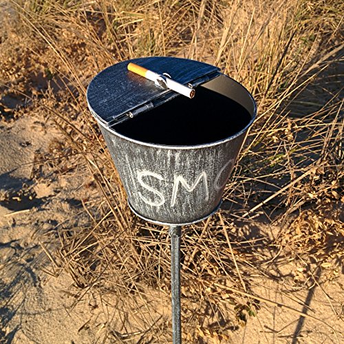Outdoor Smoke Ashtray, Lidded Bucket on Stake with Prong Post, Garden Party Style, Gray Lacquered Iron, Rustic and Weathered Patina, 6 D x 43 1/4 H Inches