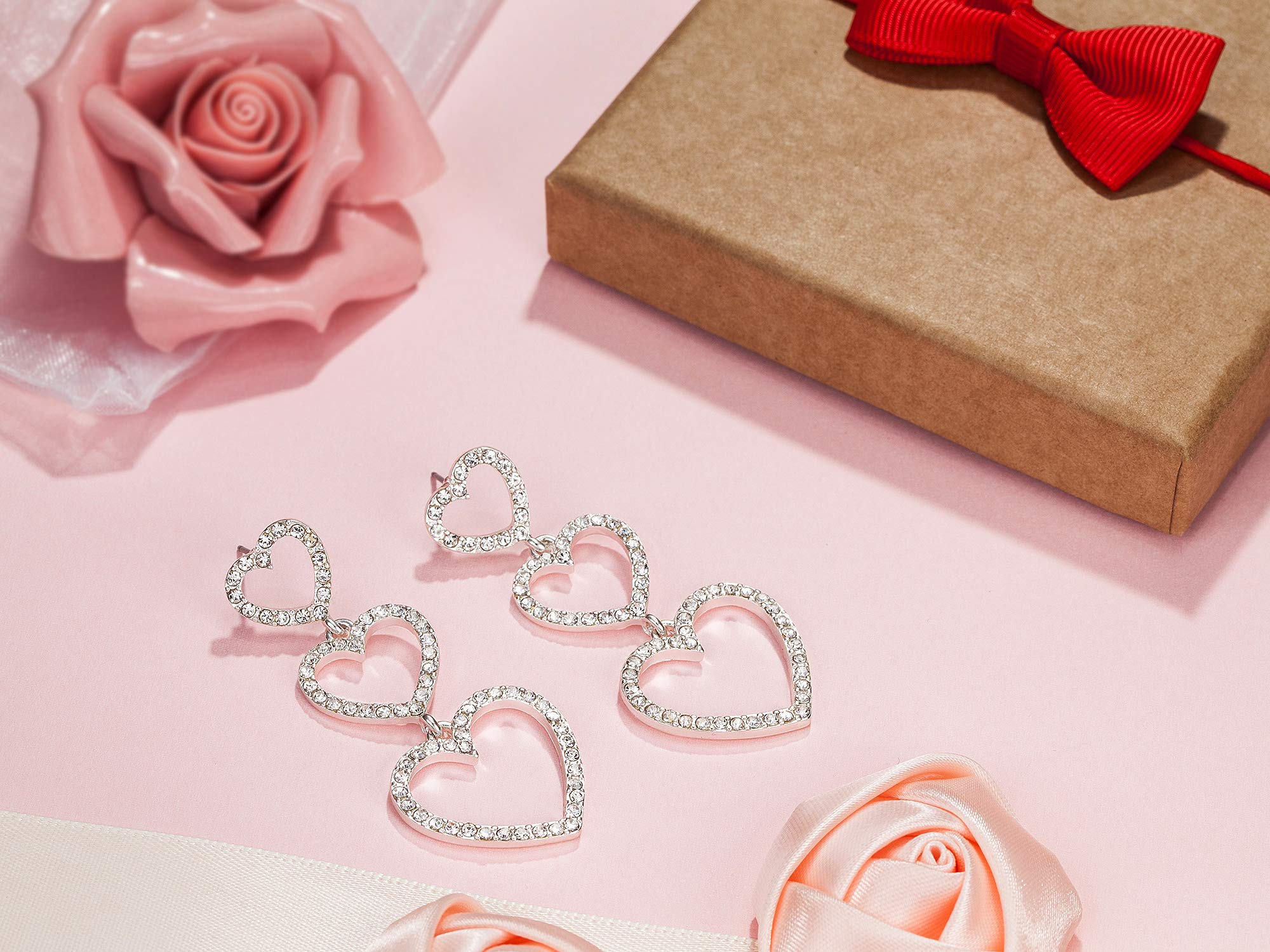 RareLove Bling CZ Crystal Interlocking Three Heart Hollow Dangle Stud Piercing Earrings For Women Silver Plated Alloy Valentines Gift For Her