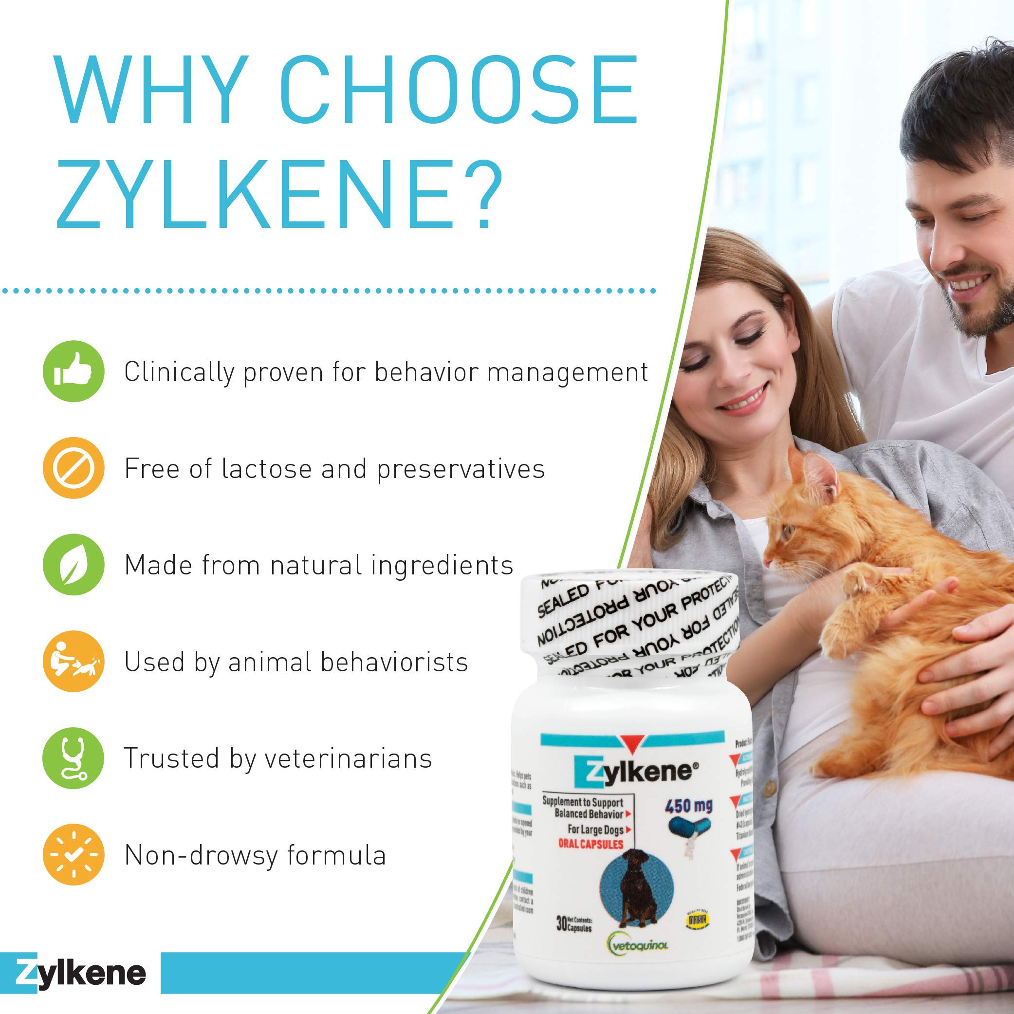 Vetoquinol Zylkene Behavior Support Capsules for Large Dogs 33-132lbs, Calming All Natural Milk Protein Supplement, Helps Relieve Dog Anxiety During Fireworks and Thunder, 450mg