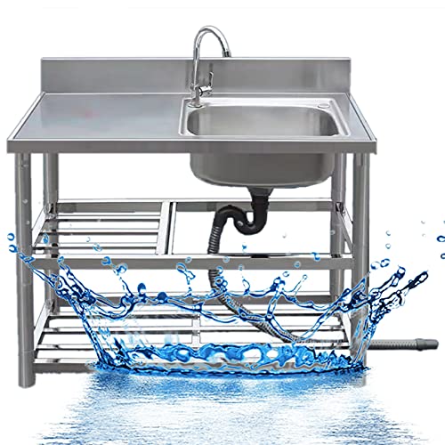 Utility Sink Free Standing Catering Commercial Sink Single Bowl Stainless Steel Sink with Workbench and Double Storage Shelves Cold and Hot Faucet for Outdoor Indoor Restaurant Laundry. (Color : Hot