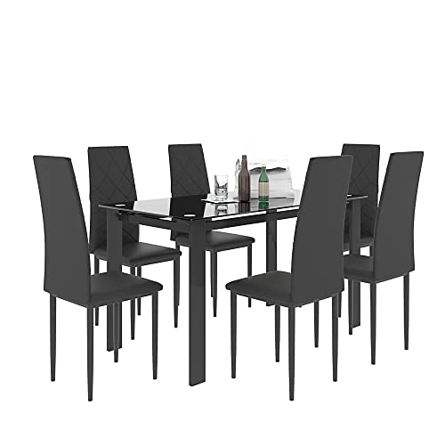 POULEII Dining Table Set for 6, 7 Piece Kitchen Dining Table Set, Modern Style Table with Tempered Glass Top, Faux Leather Chairs, for Kitchen & Dining Room