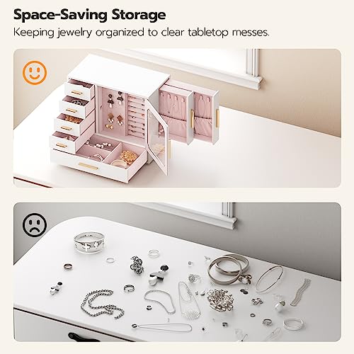 HOOBRO Jewelry Box with Glass Window, Large Capacity Jewelry Organizer, Jewelry Storage, Portable Jewelry Organizer Box, Modern Style, White and Light Gold WT05JB04
