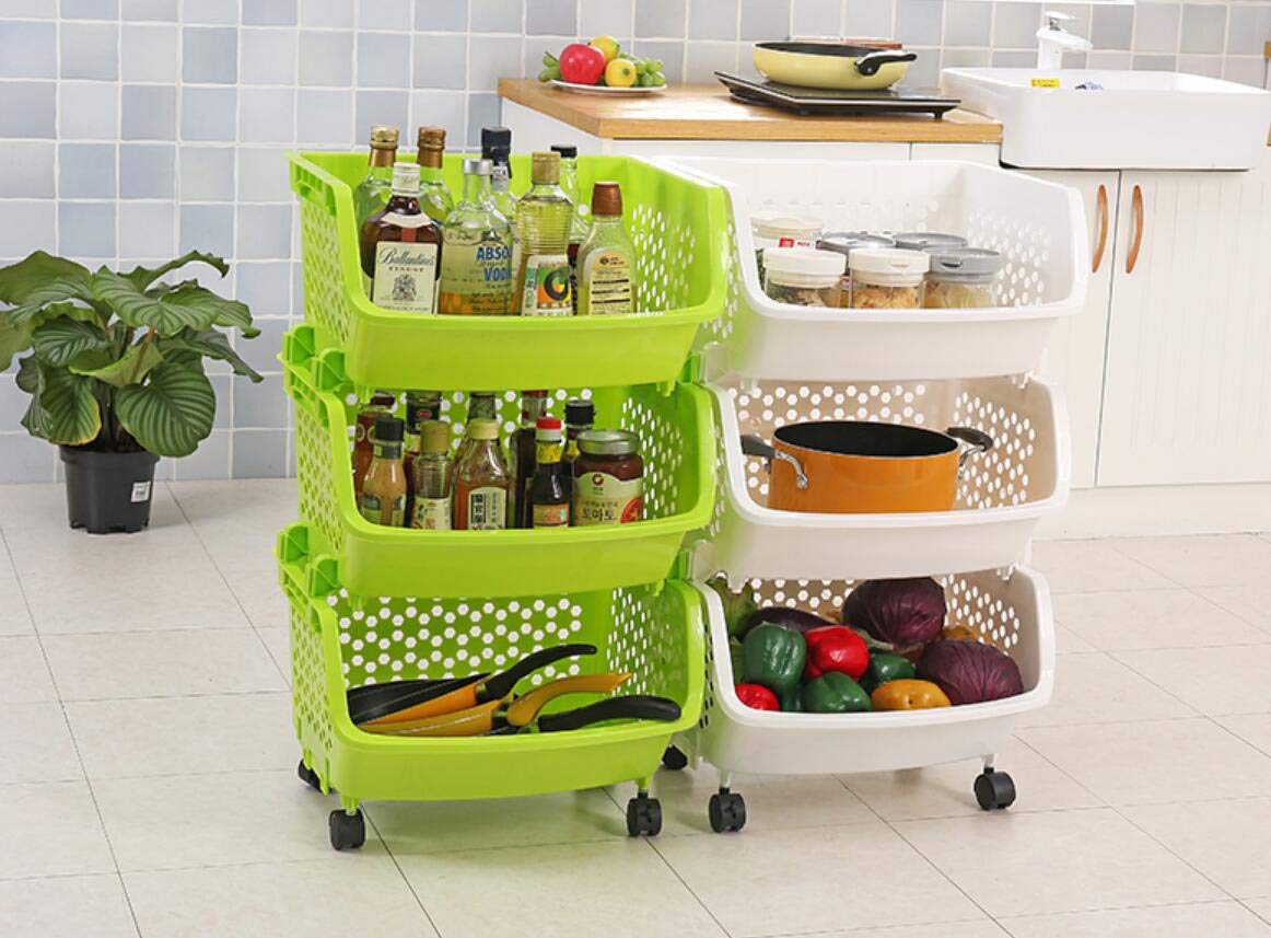 HWJX 3-Tier Plastic Storage Rack Box Stand Stacking Stackable Basket Storage Organize,White/Green (Green)