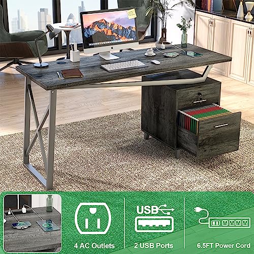 Homieasy Computer Desk with File Cabinet & Charging Station, Heavy Duty Home Office Executive Desk with Storage Drawers, Sturdy Spacious Workstation with Power Strip Cable Grommets, Black Oak