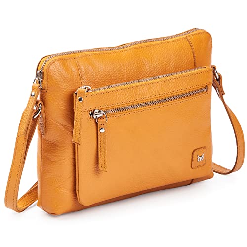 Wise Owl Accessories Small Soft Pebbled Real Leather Crossbody Handbags & Purses - Triple Zip Premium Sling Crossover Shoulder Bag for Women (Mustard Nappa)