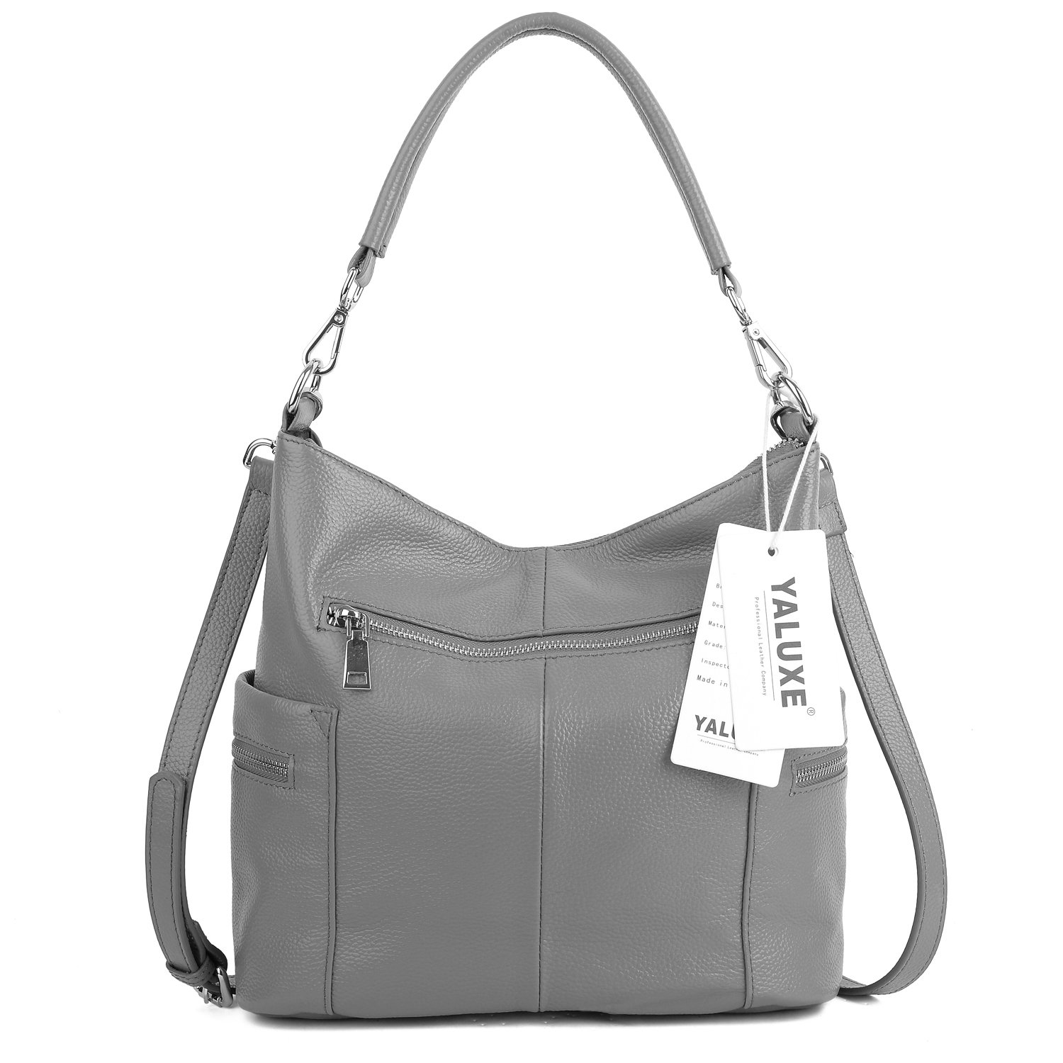 YALUXE Women's Multi Pocket Soft Cowhide Leather Medium Purse Style Shoulder Bag Grey