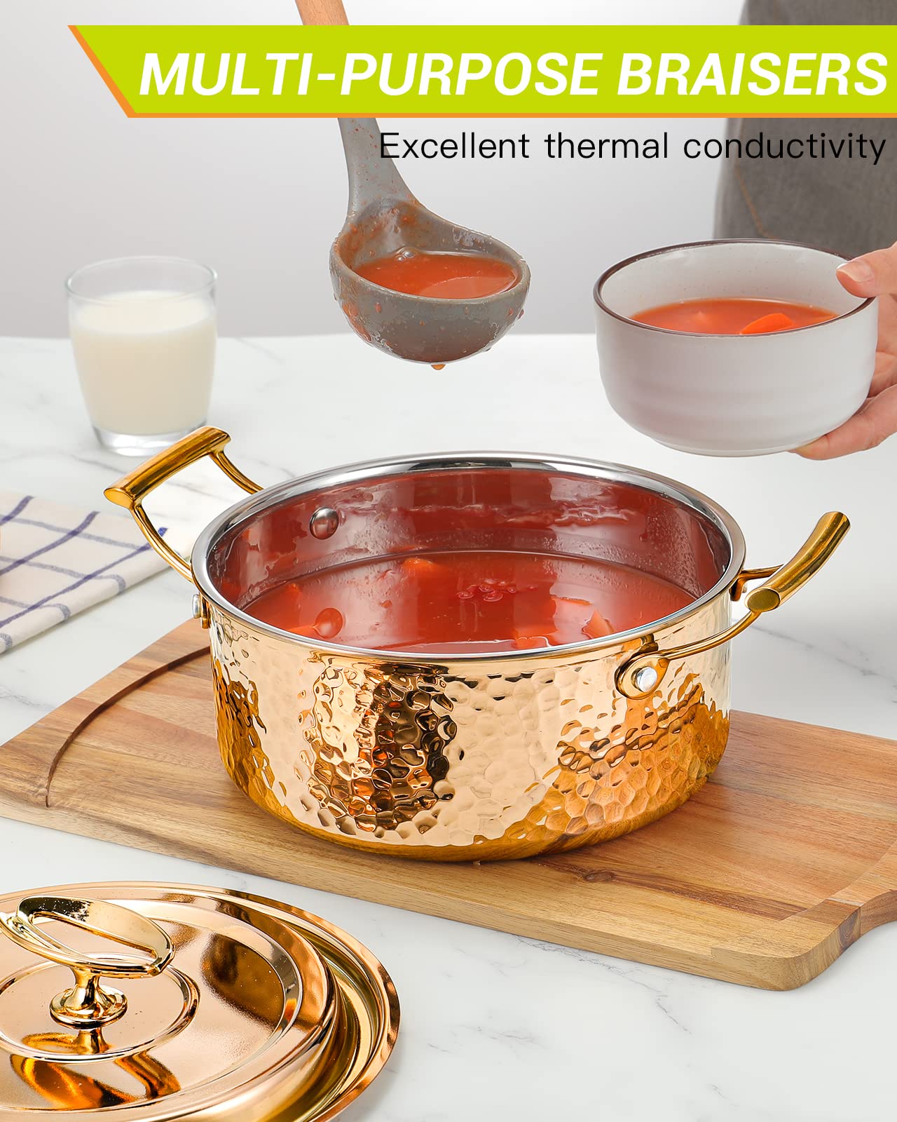 DAEDALUS 7.5QT Stainless Steel Stock Pot with Lid, 3 Triply Clad Hammered Copper Pot, Nonstick Large Stockpot for Home Kitchen Restaurant, Dishwasher Oven Safe -Gold