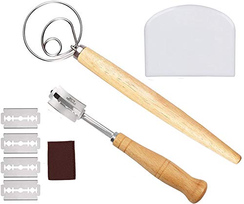 Bread Lame, Danish Dough Whisk and Dough Bowl Scraper Set, Dough Scoring Slashing Tool with 5 Replacement Blades and Leather Protective Cover for Pastry, Baking Cake, Dessert, Sourdough, Pizza