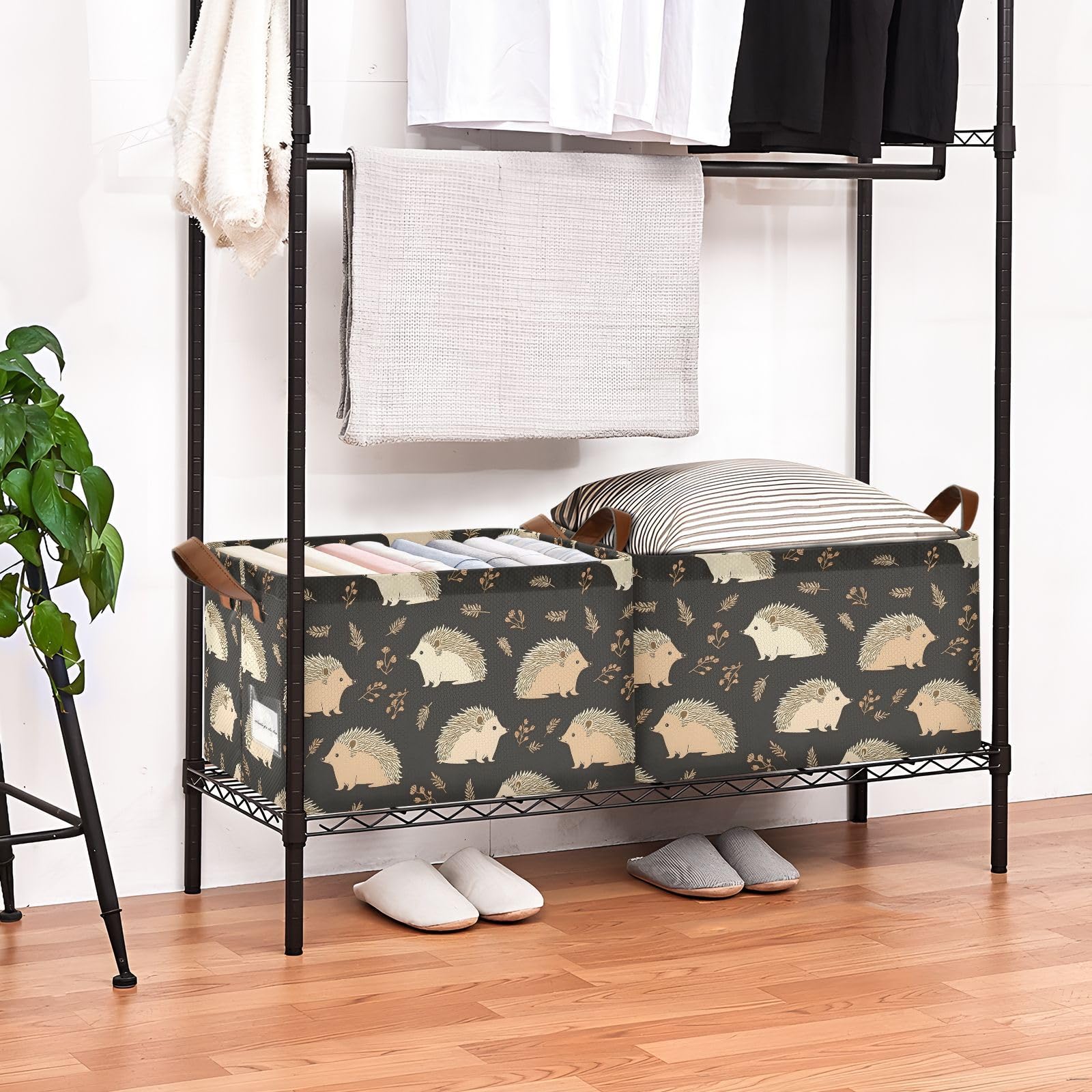 HOMONAW Rectangular Closet Storage Bin Cute Animal Hedgehog Storage Baskets with Handles Foldable Closet Cubes Organizer for Clothes, Toys, Towel, Home, Bedroom, Office