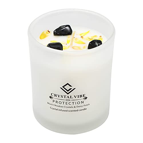 Protection Crystal Candle - Vanilla Scented Candle With Black Obsidian Crystals and Daisy Petals - Candle with Crystals Inside for Positive Energy