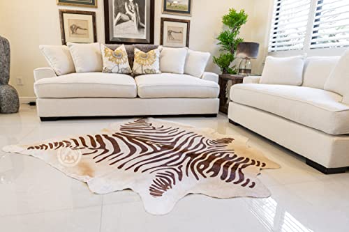 Zebra Print Brown on Beige Genuine Cowhide Rug Size 6 x 7 ft. 180 x 210 cm