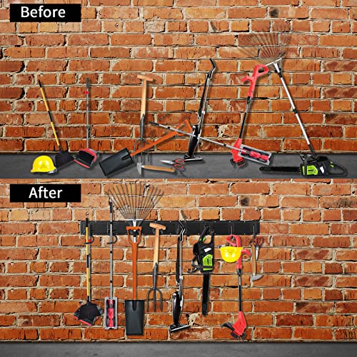 Garage Tool Organizer Wall Mount, 12 PCS Garden Tool Rack Garage Storage, 8 Heavy Duty Adjustable Hooks Steel and 4 Rails Aluminum, 450 LBS Max Load