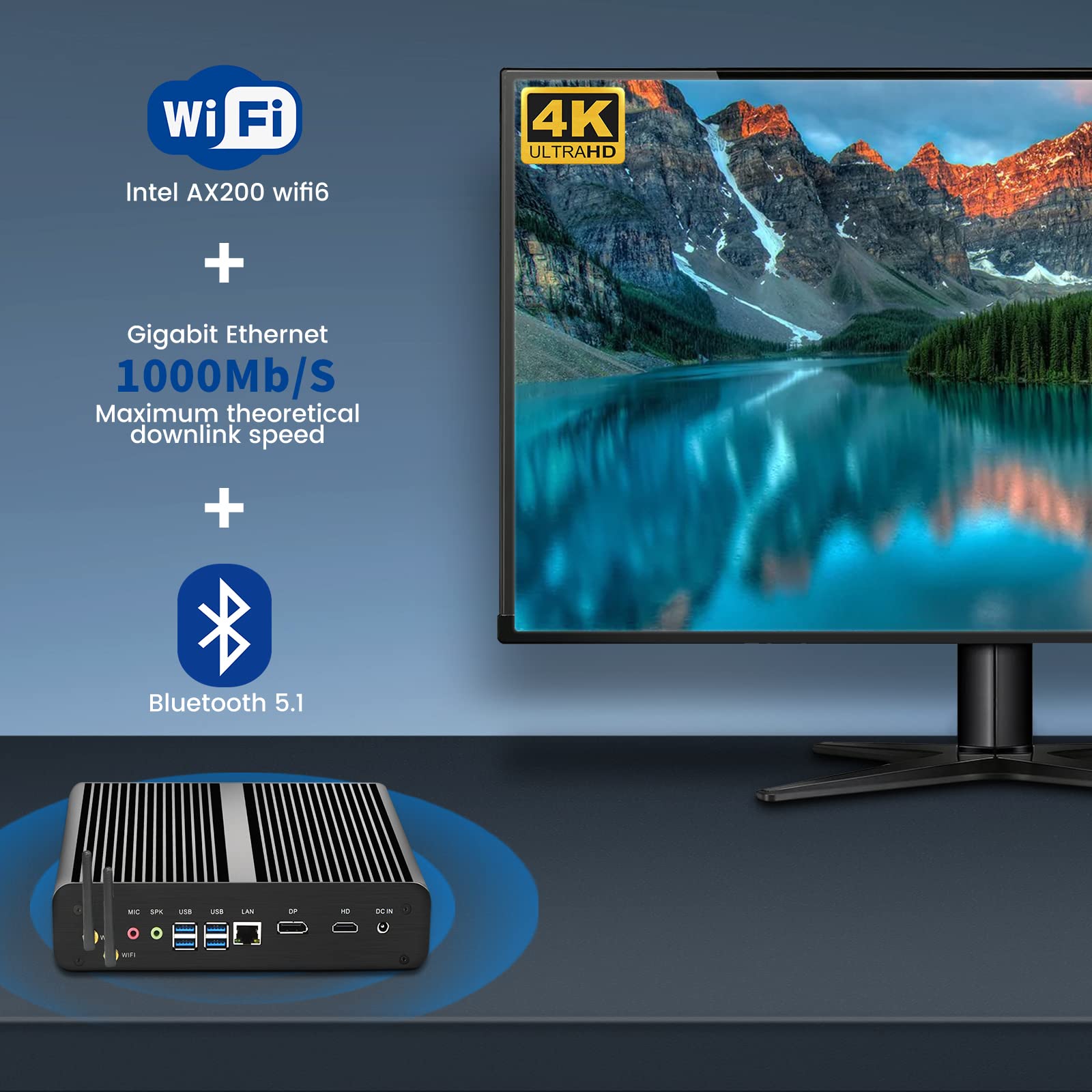 Fanless Mini PC, Kinupute Desktop Computer i7-8565U 1.8-4.6GHz, Windows 11 Pro, 16G DDR4, 256G M.2 SSD, Iris Xe Graphics, HDMI/DP, Dual Display, 4K@60Hz, Gigabit Ethernet, BT5.1, WiFi 6, Auto Power On