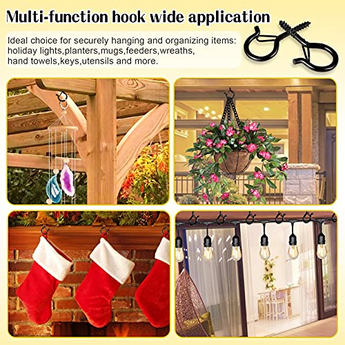 Hooks for Outdoor String Lights, 52 Pack Screw Hooks for Hanging Plants Led Party Lights Garage Wind Chimes, Black Heavy Duty Q Hanger Ceiling Cup Hooks with Safety Buckle, Box and Wing Nut Driver