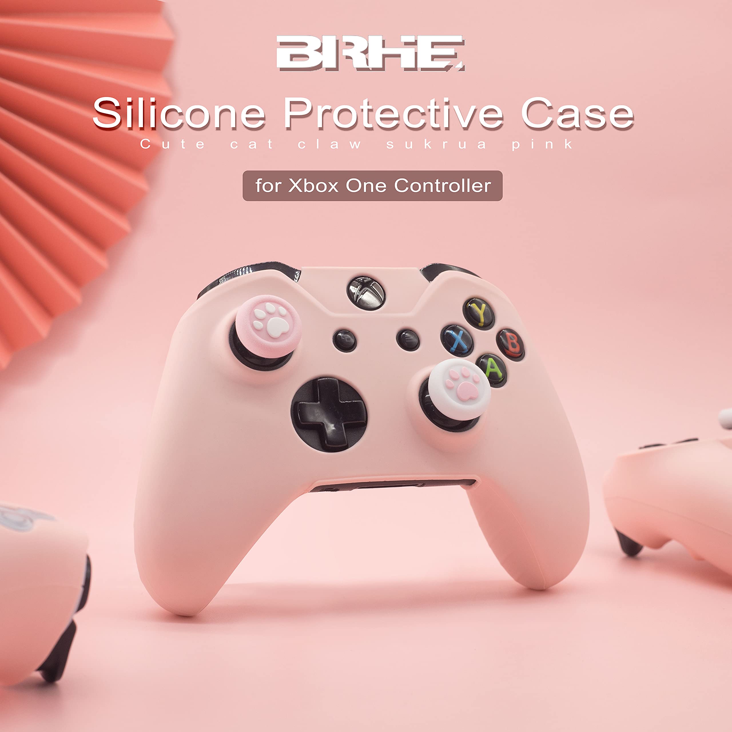 BRHE Cute Skin Cover for Xbox One / Series X/S Controller Anti-Slip Silicone Grip Protective Case Accessories Set Wireless/Wired Gamepad Joystick with 2 Cat Paw Thumb Grips Caps (Pink)