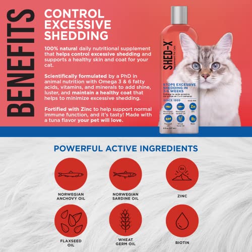 Shed-X Liquid Cat Supplement, 8oz β 100% Natural β Shed Defender, Help Excessive Cat Shedding with Cat Supplements of Essential Fatty Acids, Vitamins, and Minerals