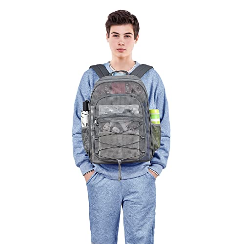 Heavy Duty Mesh Backpacks for Adults, Mesh School Booking Bags for Boys and Girls, See Through Backpack with Adjustable Straps, Mesh Bags for Swimming(Grey)