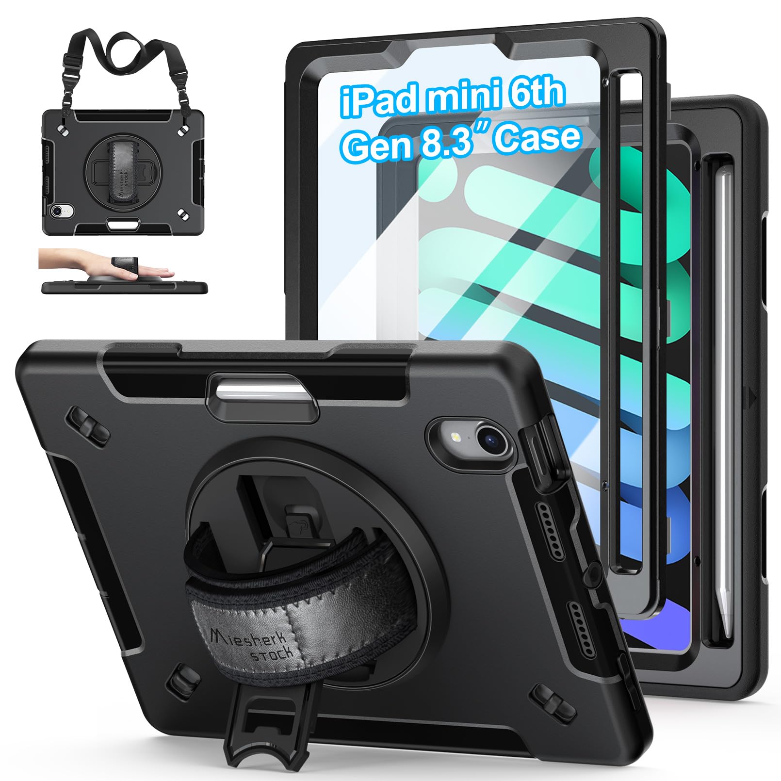 Case for iPad Mini 6 2021: Military Grade Shockproof TPU Protective Cover for Kids iPad Mini 6th Generation 8.3 Inch with Screen Protector- Stand + Handle + Shoulder Strap + Pencil Holder- Black