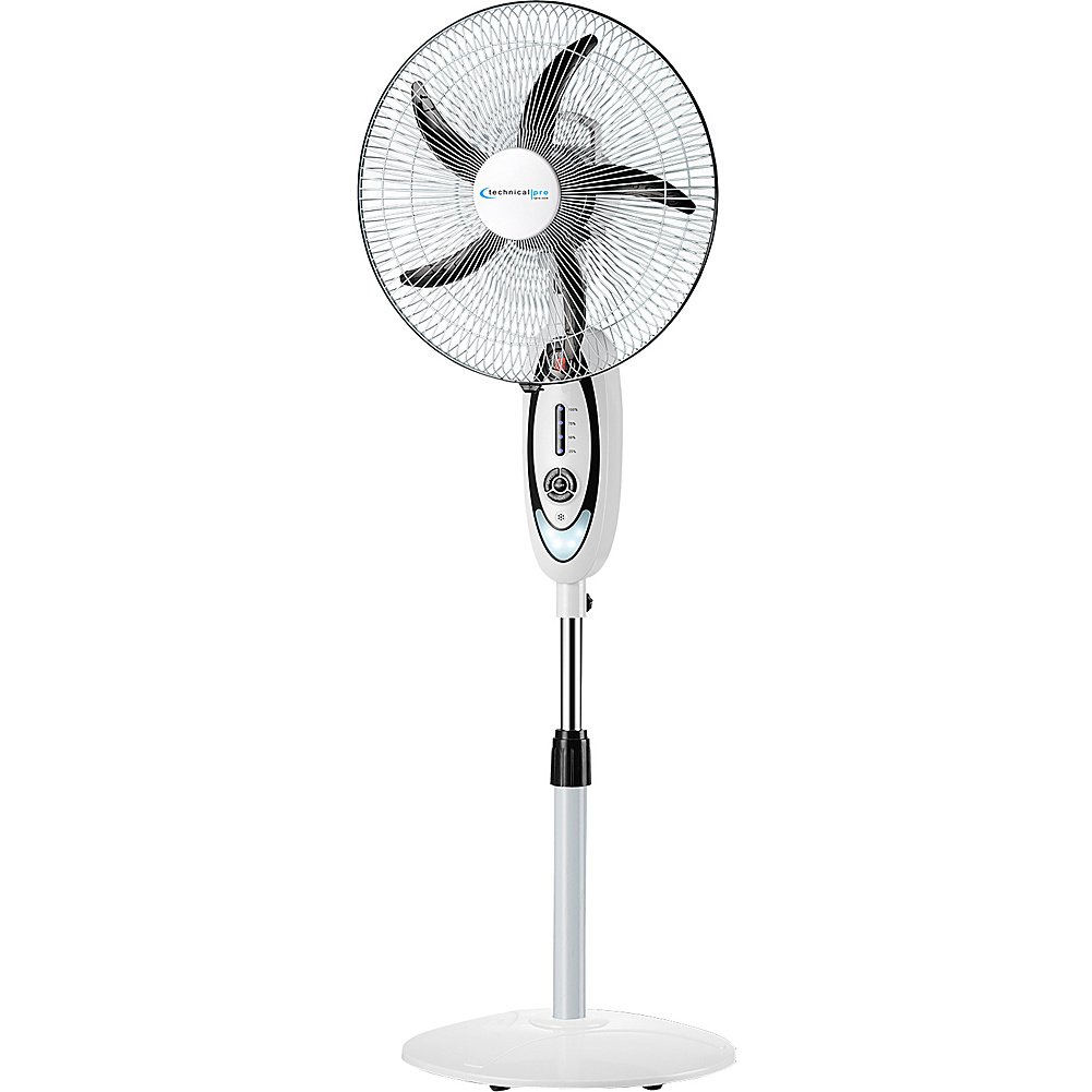 Technical Pro 16” Oscillating 5-speed Rechargeable Freestanding Fan with LED Night light and Power bank, Adjustable Height, Timer & Wireless Remote Included