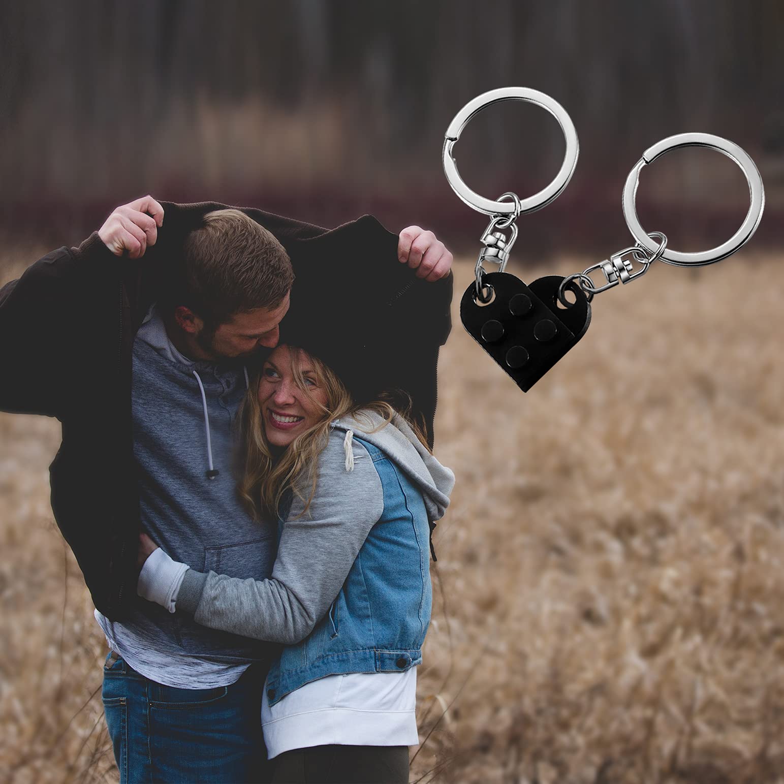 Brick Keychain for Couples Friendship - 2pcs Matching Heart Colorful Keychain Set for Couples Valentine's Day BFF (Black)