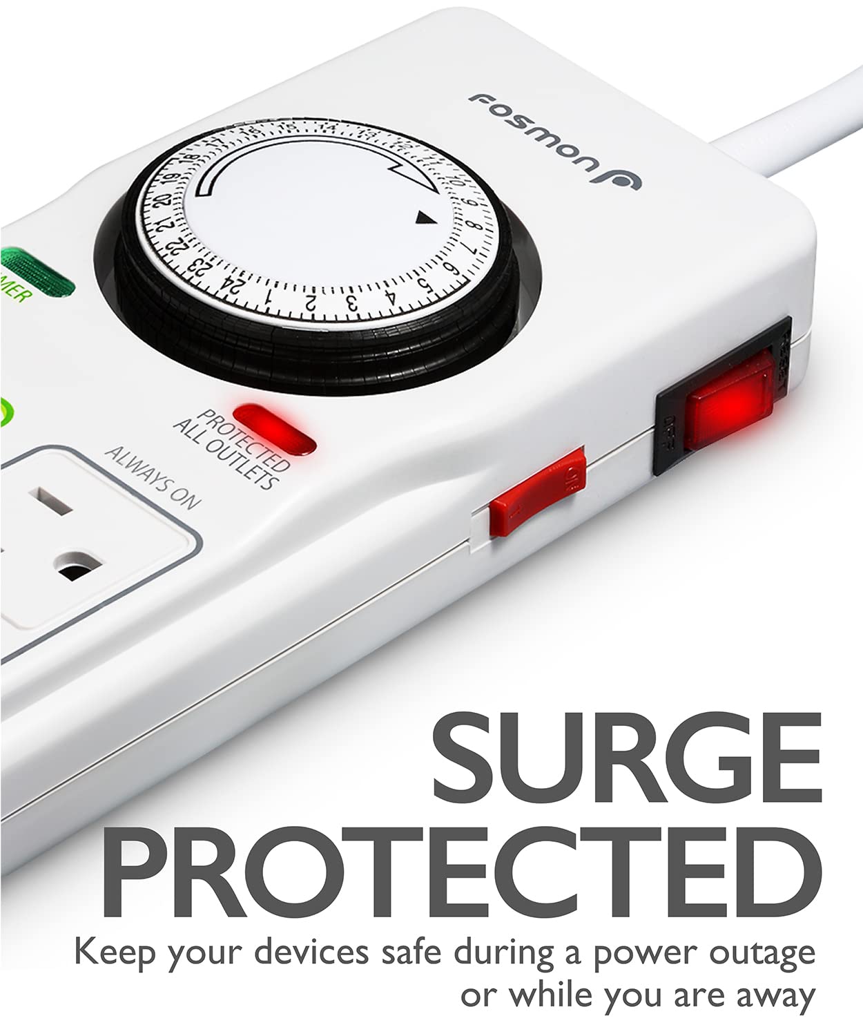 Fosmon Reptile Light Timer, 8-Outlet Timer Power Strip with Surge Protector, Mechanical Timer Extension Cord for Reptile Cage, Aquarium, Terrarium, Bearded Dragon/Reptile Habitats Tanks etc