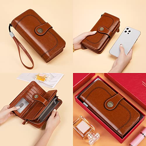 Cnoles Womens Wallet Genuine Leather Large Capacity Wristlet Clutch Purse Credit Card Holder with RFID Blocking Purse Light Brown