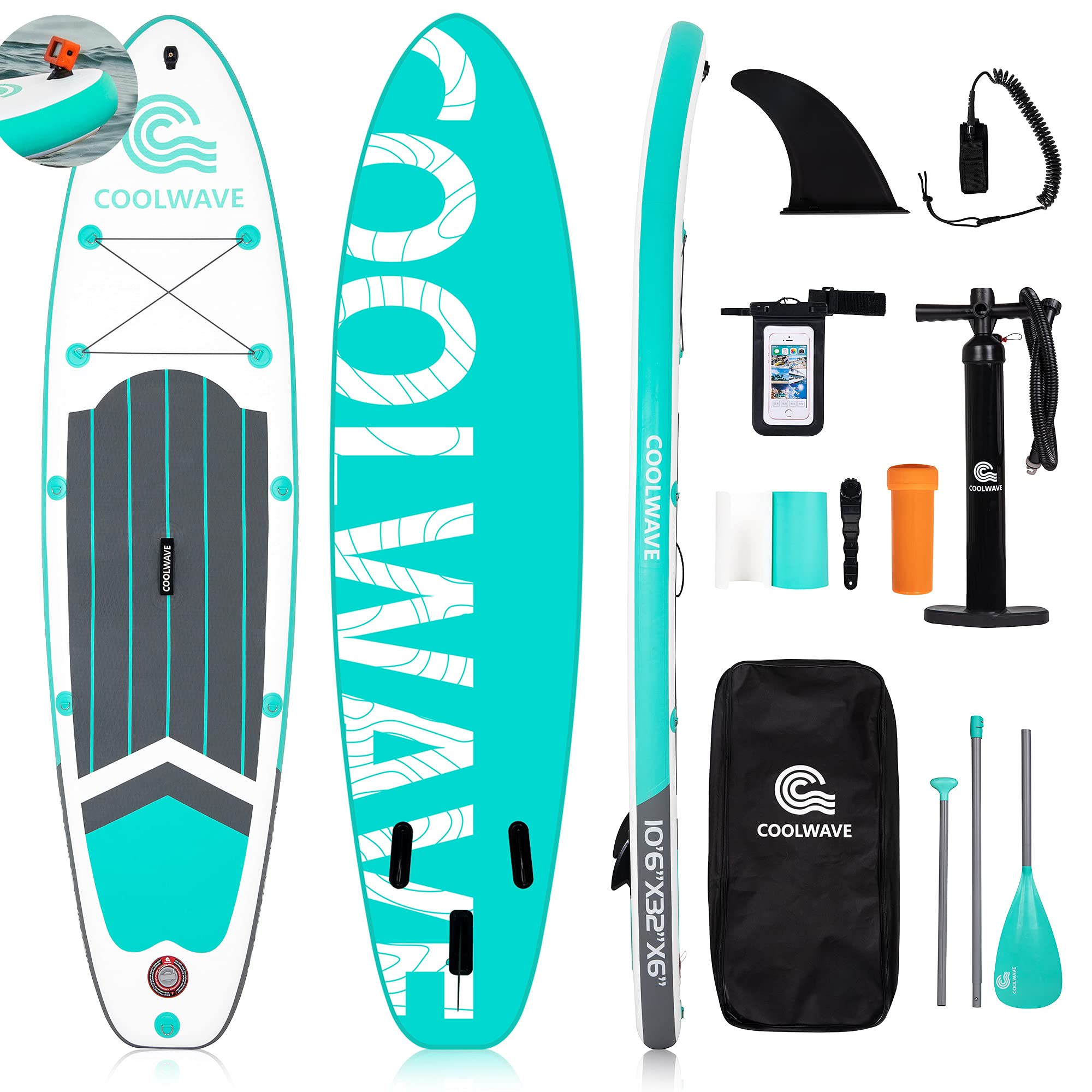 COOLWAVE 10'6" Inflatable Stand Up Paddle Board with Camera Seat, Accessories Including Waterproof Phonebag, Backpack, Bottom Fin for Paddling, Paddle, Non-Slip Deck, Hand Pump, Leash…