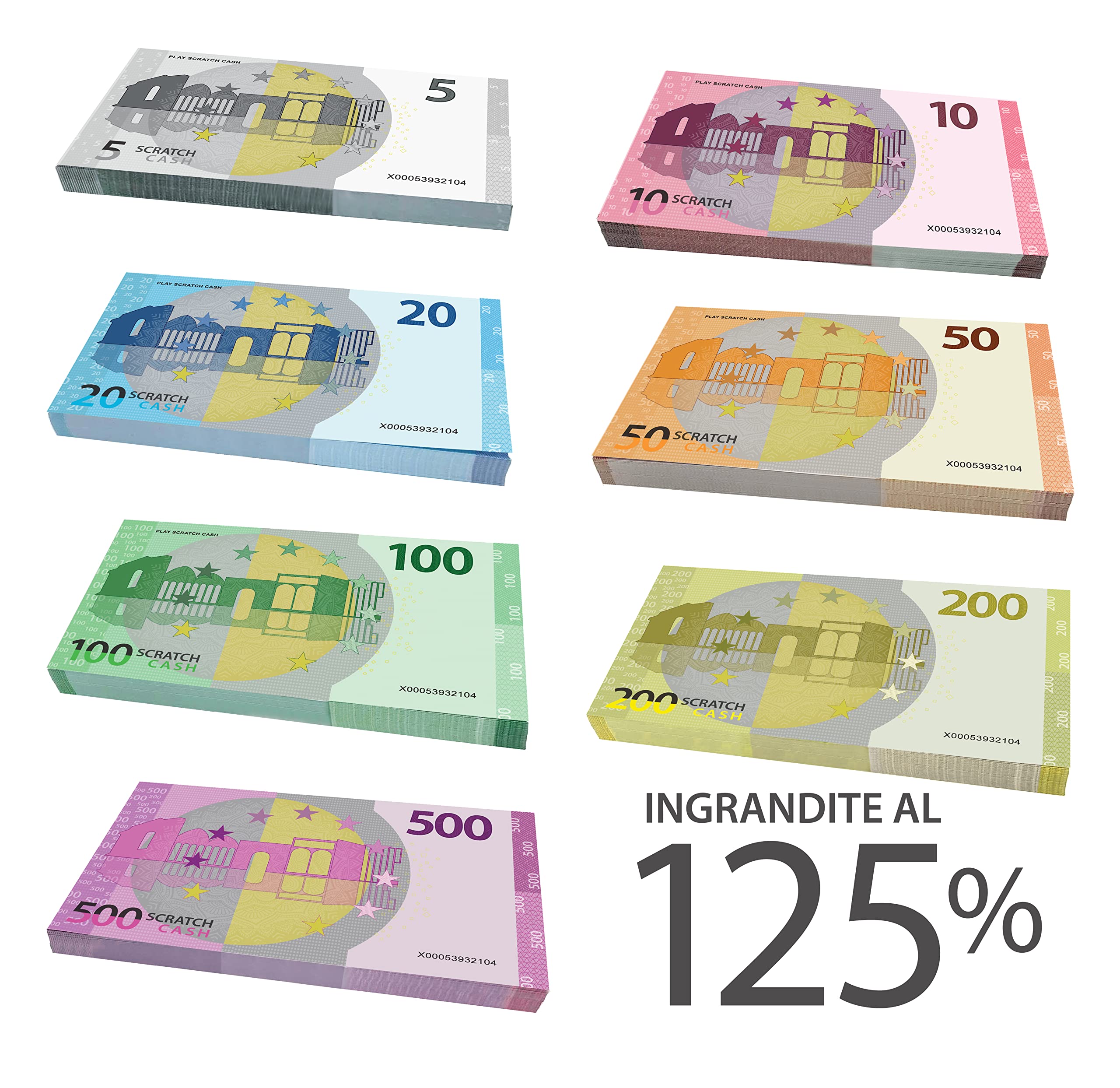 Scratch Cash Bundle Money to Play (Size Increased to 125% Compared to The Real Ones) 175 Banknotes - 7 Stacks of Euro 25 x € 5, 10, 20, 50, 100, 200 and 500