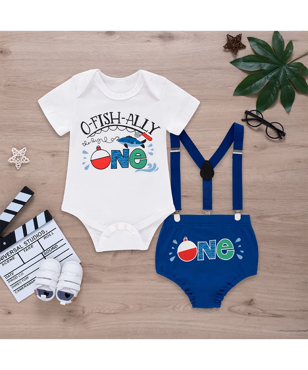 Fantasy Era Baby Boys O-Fish-Ally Printing 1st Birthday Outfit Funny Bowtie One Year Old Boys Romper Short Set (Blue,12-18Months)