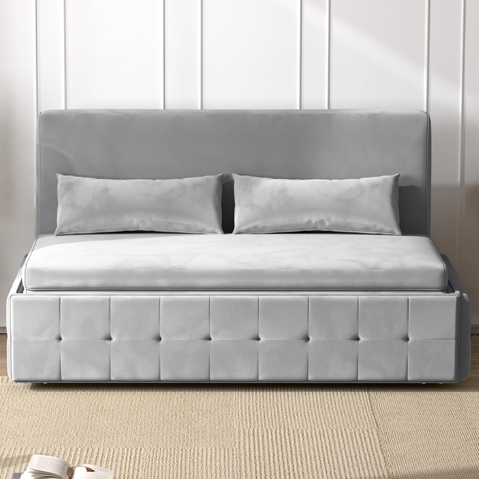 CECER Queen Size Pull Out Sofa Bed, Guest Couch Bed with 2 Pillows, Velvet Convertible Sleeper Sofa with Foldable Mattress, 3 in 1 Armless Loveseat Bed for Living Room,Small Space(Light Grey)