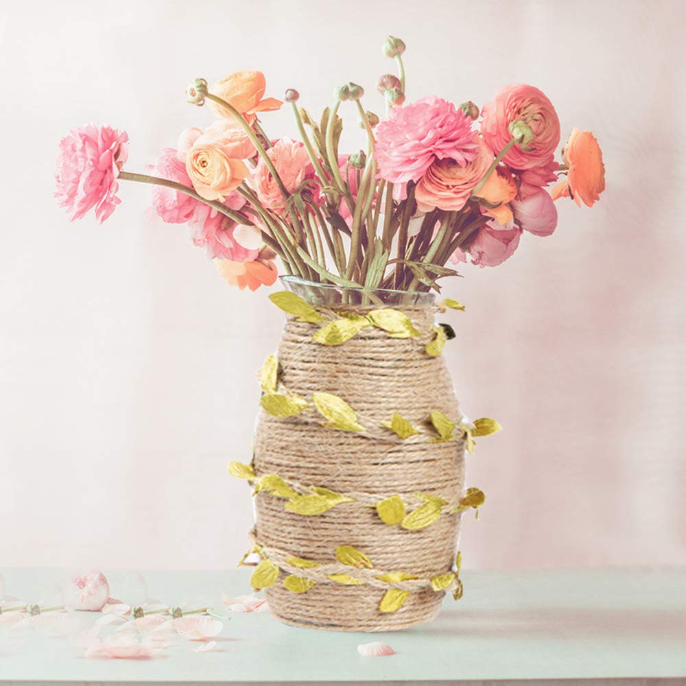 YuCool 3 Rolls 98 Feet 5MM Gold Burlap Leaf Ribbon, with Artificial Green Leaves Braided Decorated Vine for Jungle Party Wedding Garden Home Decor