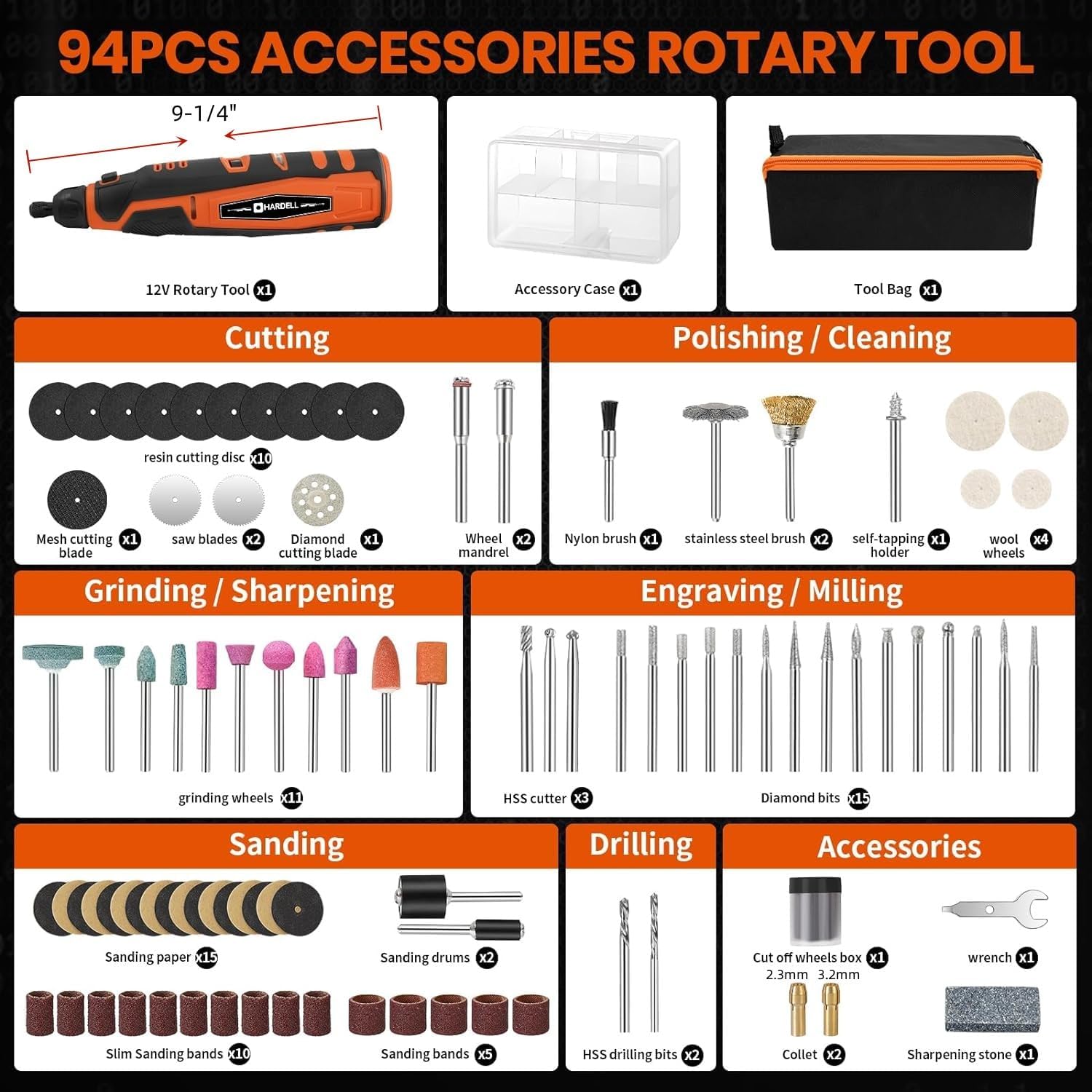HARDELL 12V Cordless Rotary Tool, 6-Speeds Rotary Tool Kit, 30000RPM Power Rotary Tools 94 Rotary Tool Accessories for Engraving, Sanding, Polishing, Cutting, Carving, DIY and Craft Projects