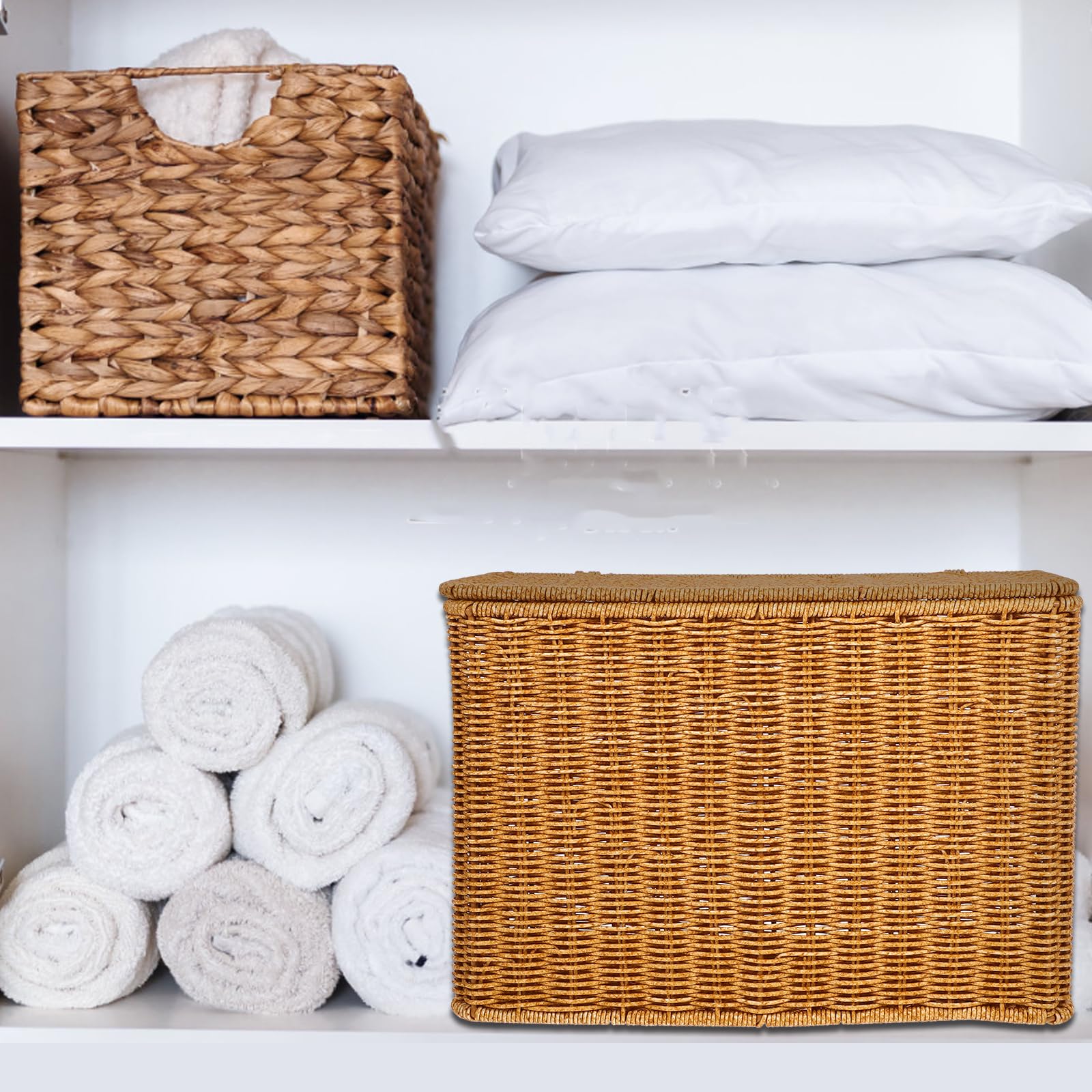 jojofuny Wicker Storage Baskets with Lids, Rattan Magazine Holder, Weave Sundries Basket, Woven Storage Container, for Storage, Living Room, Toy Organizing